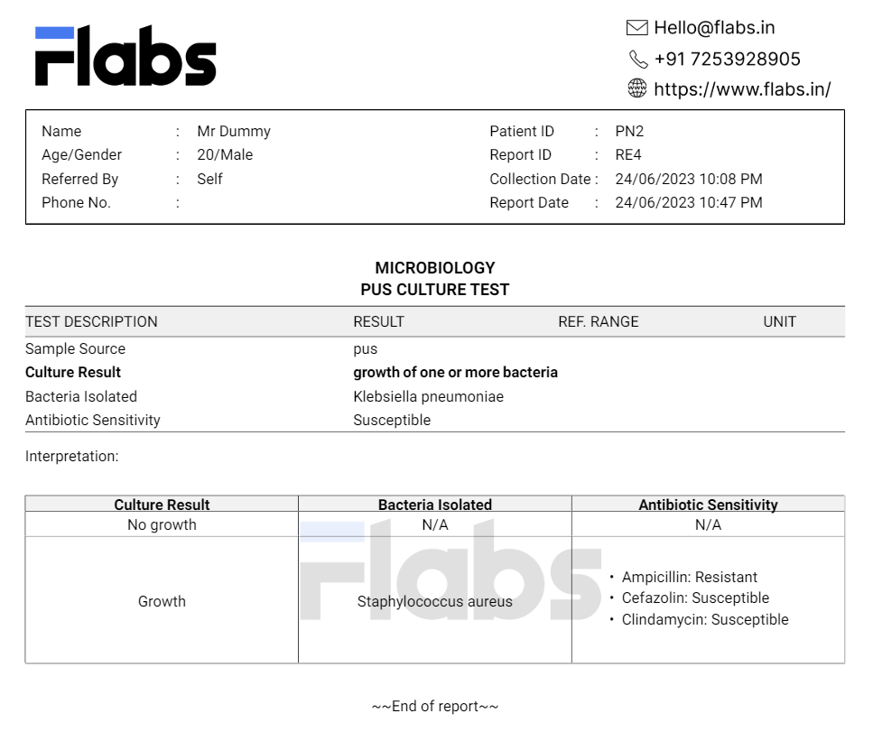 Pus Culture Report Format - Download Free PDF Sample